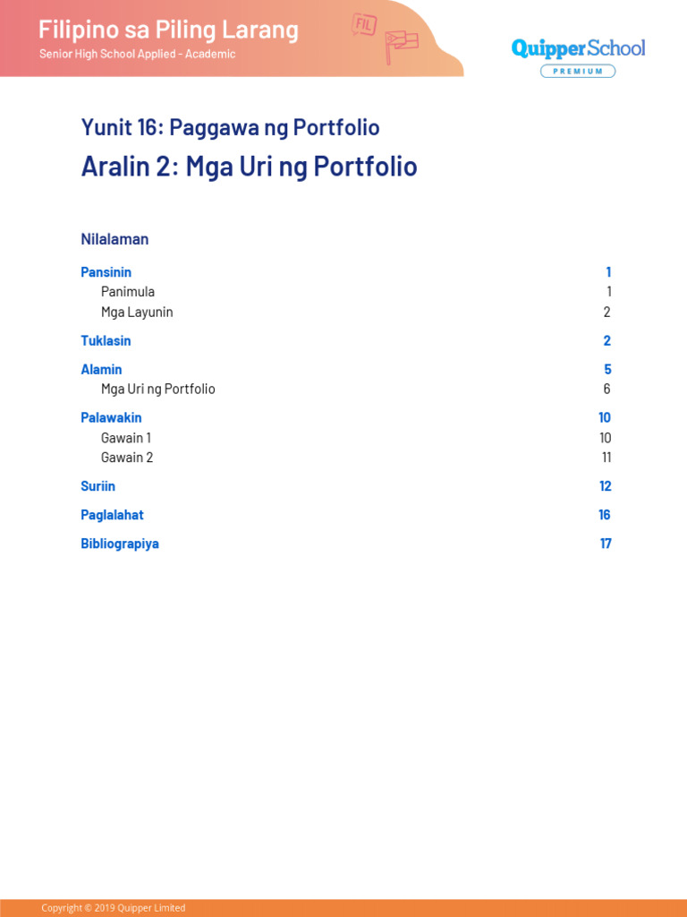 SG - FPL 11 - 12 Q2 1602 - Mga Uri NG Portfolio | PDF