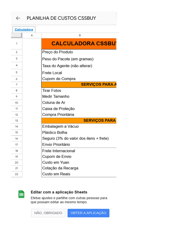 Planilha de Custos Cssbuy - Google Drive | PDF