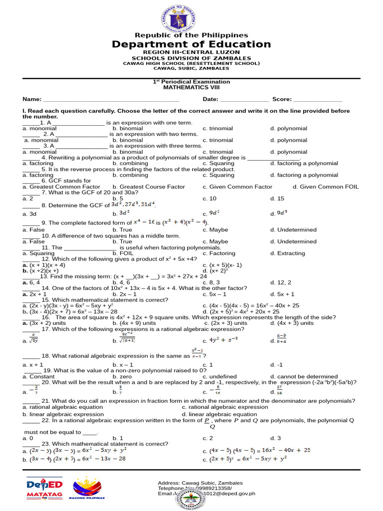 1st Periodical Examination 2024 2026 | PDF | Rational Number | Polynomial