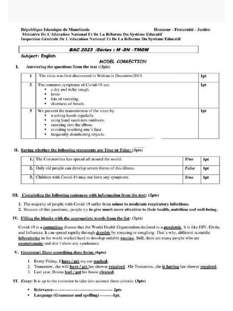 English Exam Corection For Bac C D T Copy 2 | PDF