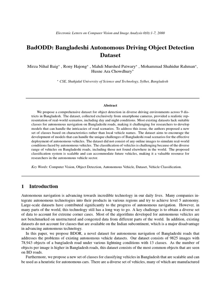 Badodd: Bangladeshi Autonomous Driving Object Detection Dataset | PDF | Traffic | Transport