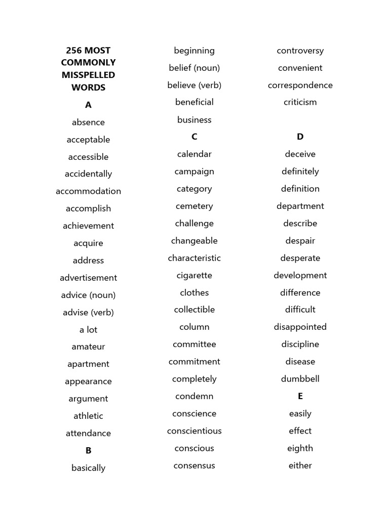 256 Most Commonly Misspelled Words | PDF | Linguistic Morphology ...