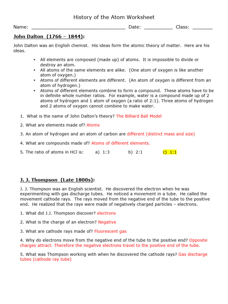 History of Atomic Theory Worksheet | PDF | Atoms | Atomic Nucleus