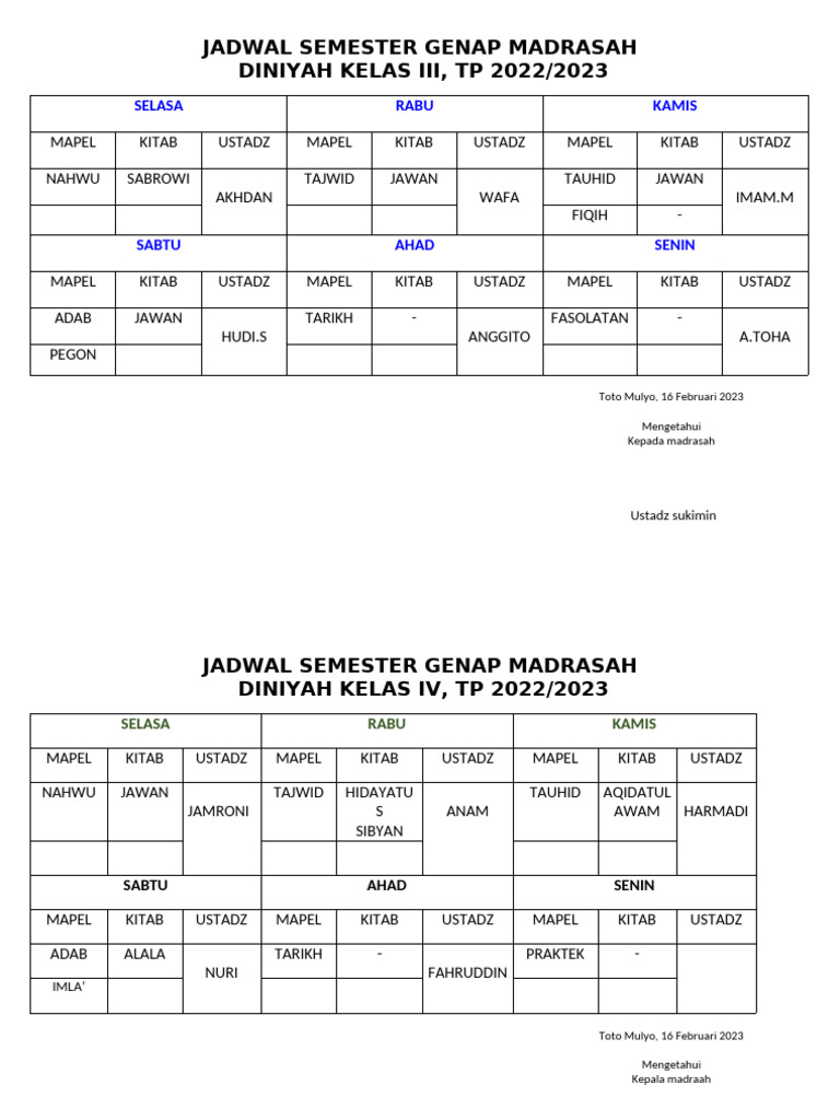 Jadawal Semester Genap Madrasah Diniyah TP 2022-2023 | PDF