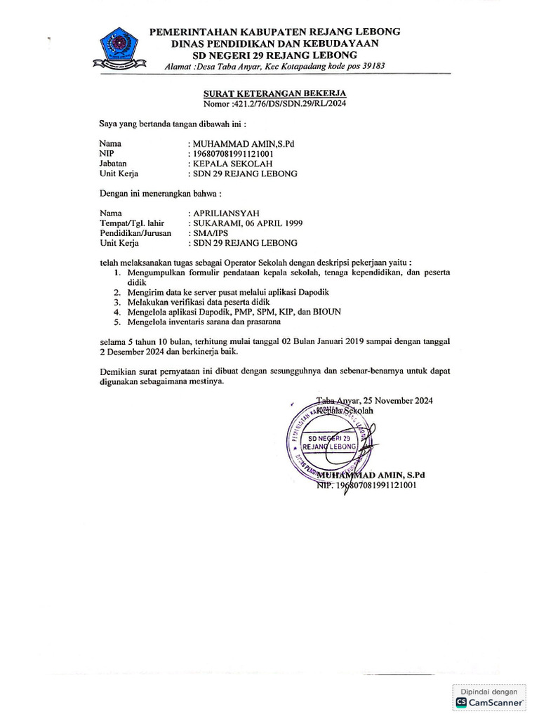 Keterangan Bekerja Apri | PDF