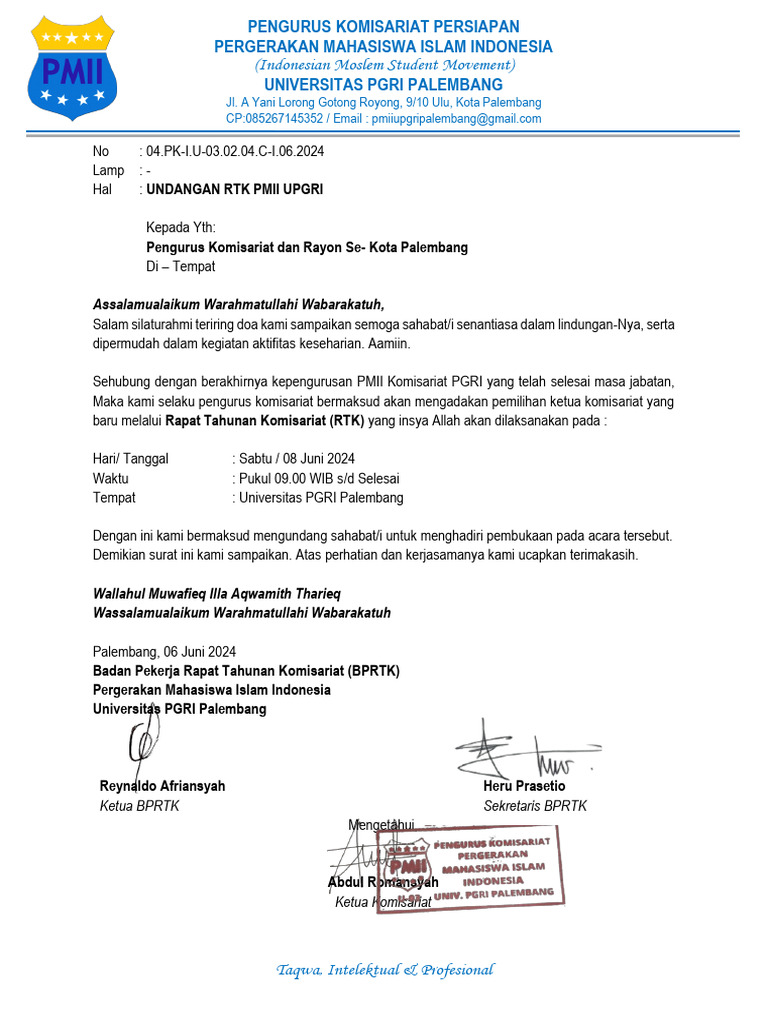 Surat Undangan RTK Pmii Upgri | PDF