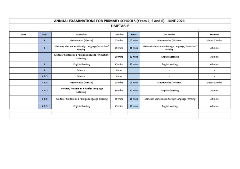 Primary School Exam Timetable June 2024 | PDF
