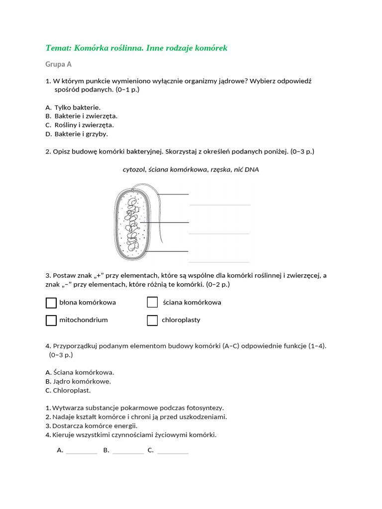 Kartkowka Komorka Roslinna Inne Rodzaje Komorek | PDF