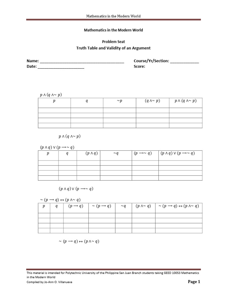 Truth Table and Validity of An Argument Problem Seat | PDF ... Truth Table and Validity of An Argument Problem Seat | PDF ...