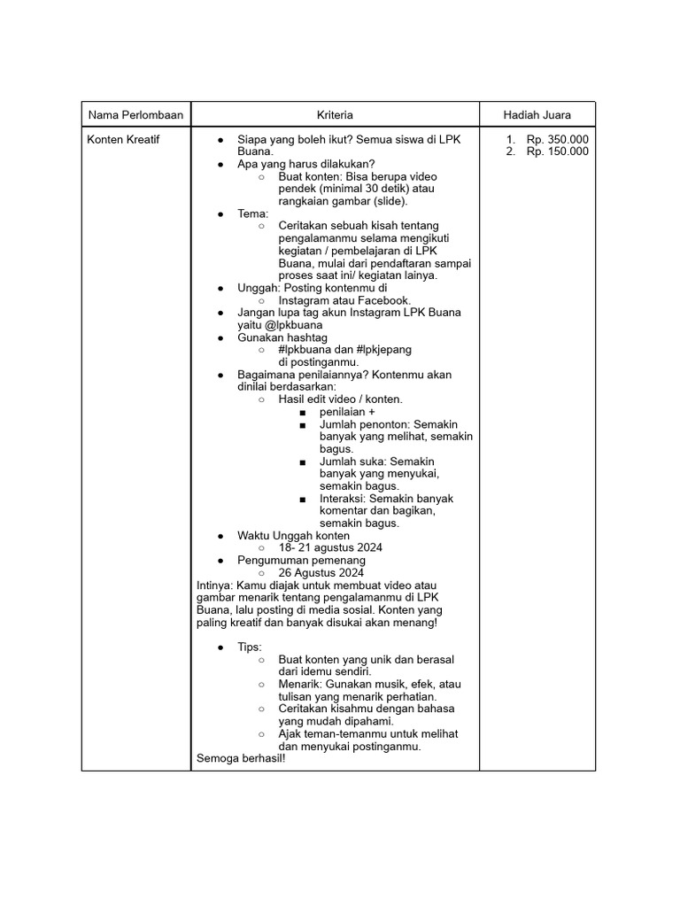 Perlombaan Konten Kreatif LPK Buana | PDF