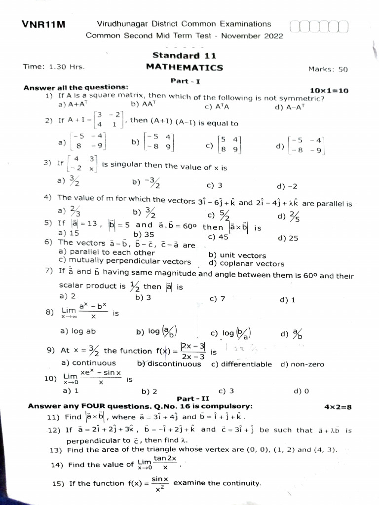 11th Maths 2nd Mid Term Exam 2022 Original Question Paper Virudhunagar ...