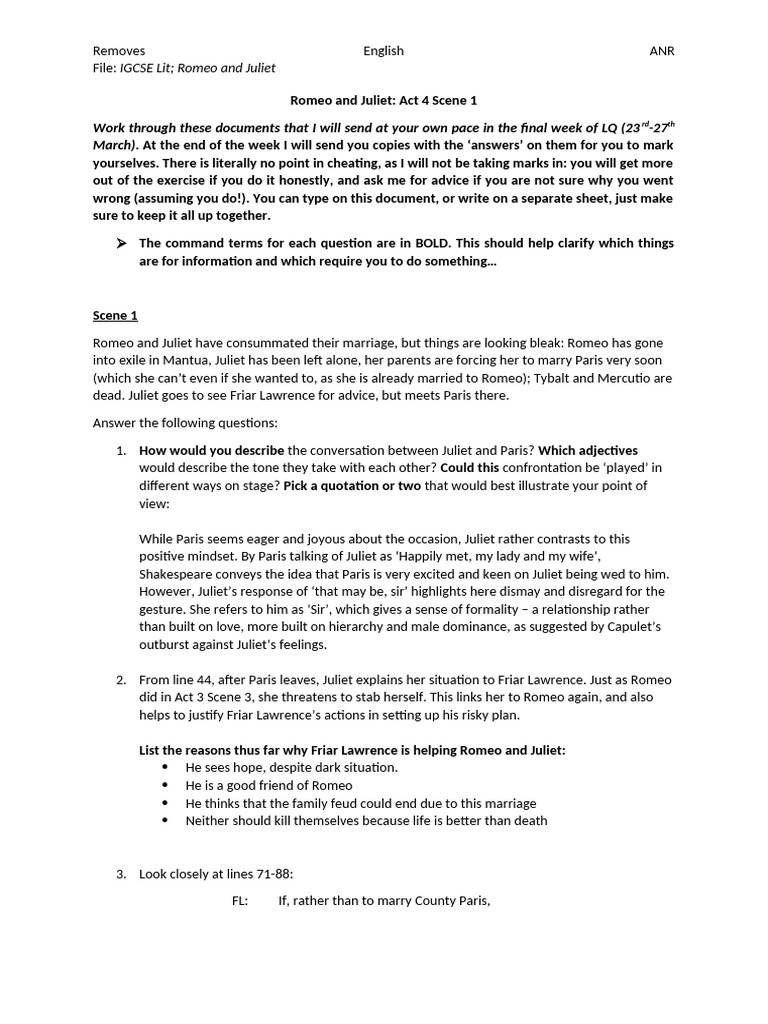 Romeo and Juliet Comprehension 4-1 | PDF | Characters In Romeo And Juliet