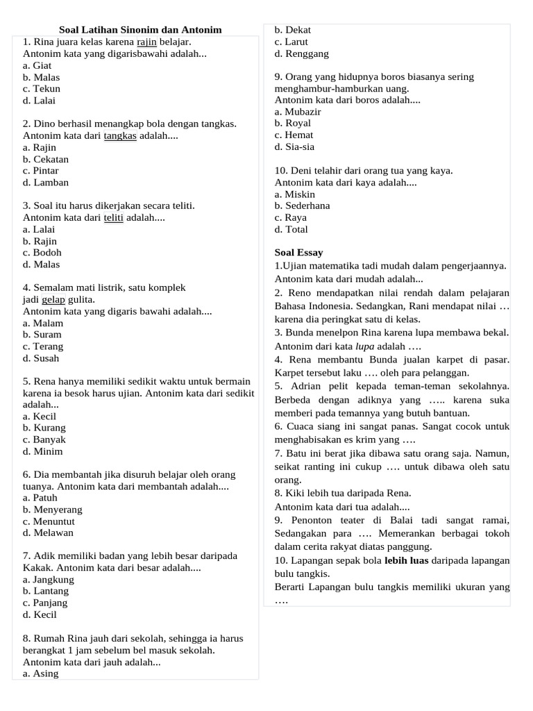 Latihan Sinonim Dan Antonim | PDF