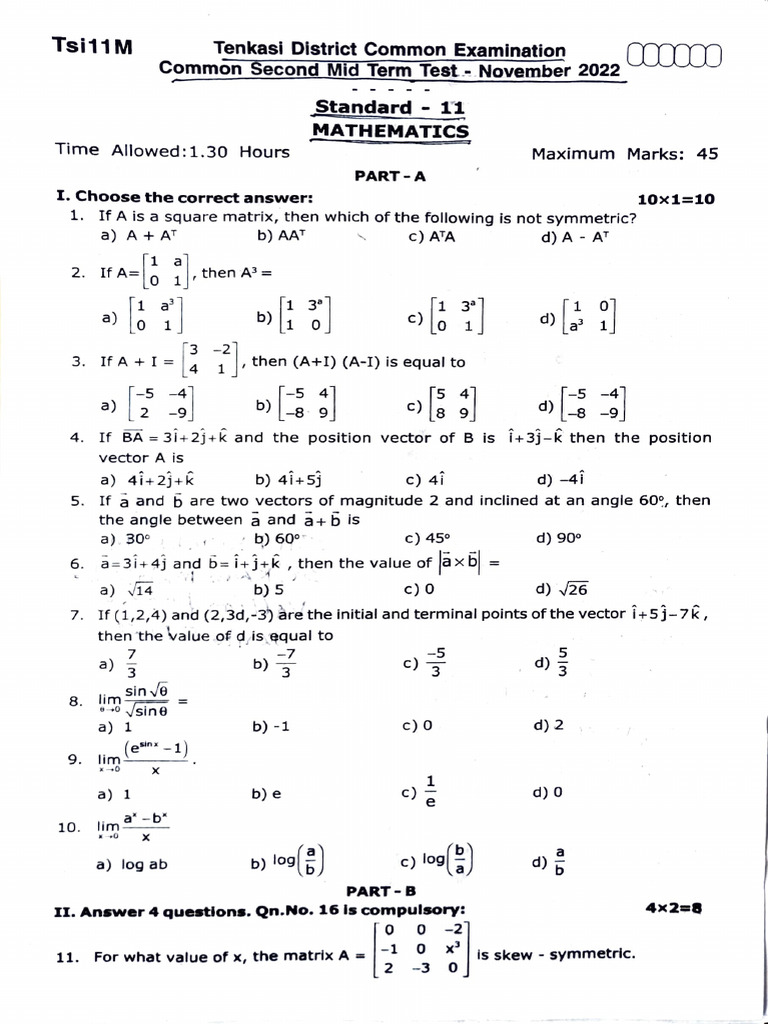 11th Maths 2nd Mid Term Exam Original Question Paper 2022 2023 Tenkasi ...