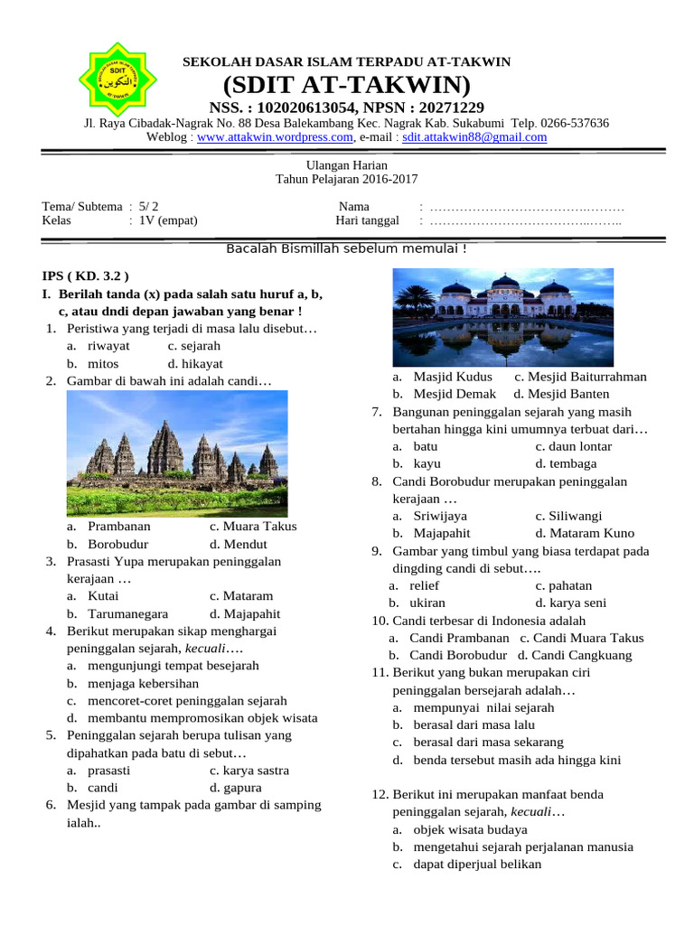 Ulangan Harian IPS dan Bahasa Indonesia SDIT At-Takwin | PDF
