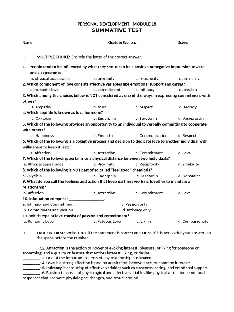 Summative Test Module 18 | PDF | Love | Intimate Relationships