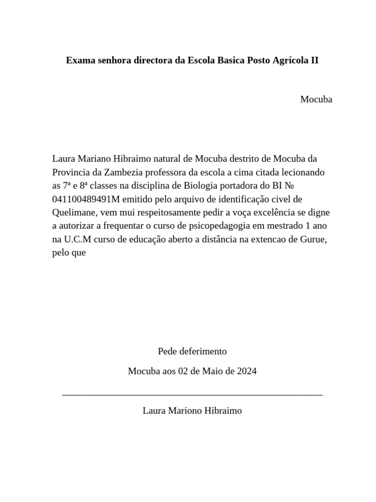Exama Senhora Directora Da Escola Basica Posto Agrícola II | PDF