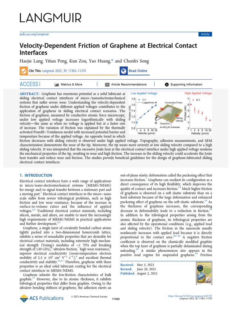 Lang Et Al 2023 Velocity Dependent Friction of Graphene at Electrical Contact Interfaces | PDF ...
