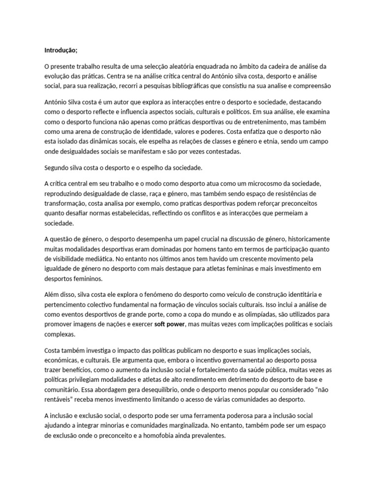 Analise Critica de Antonio Silva Costa, (Desporto e Analise Social ...
