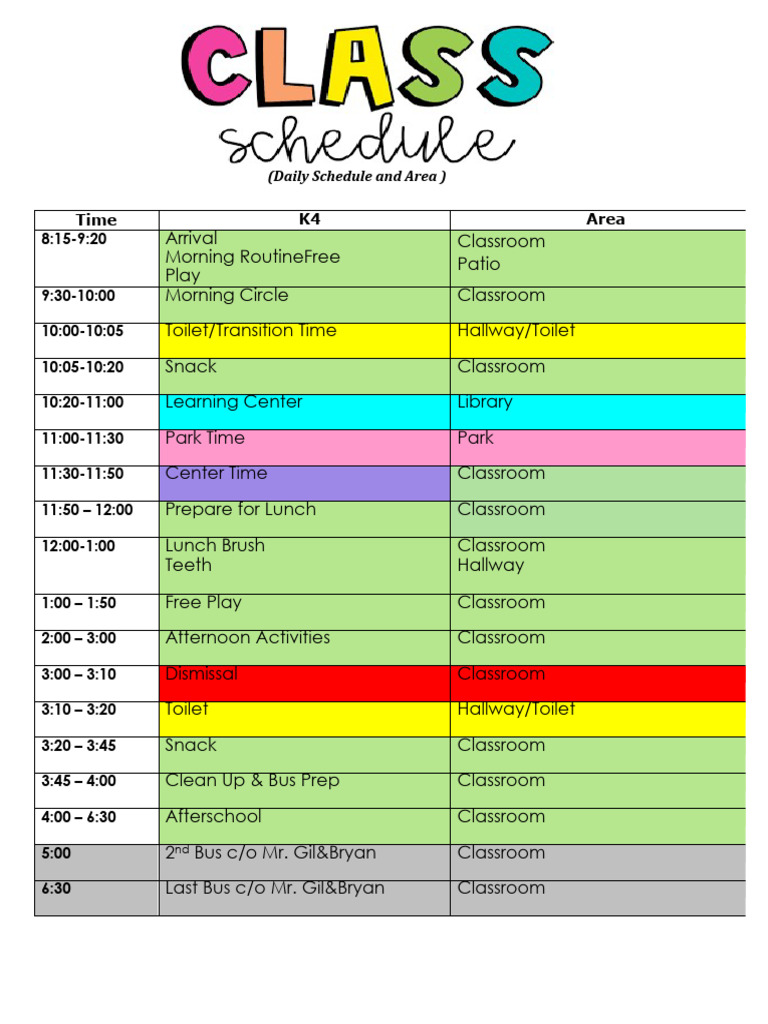 Kindergarten Daily Schedule Overview | PDF