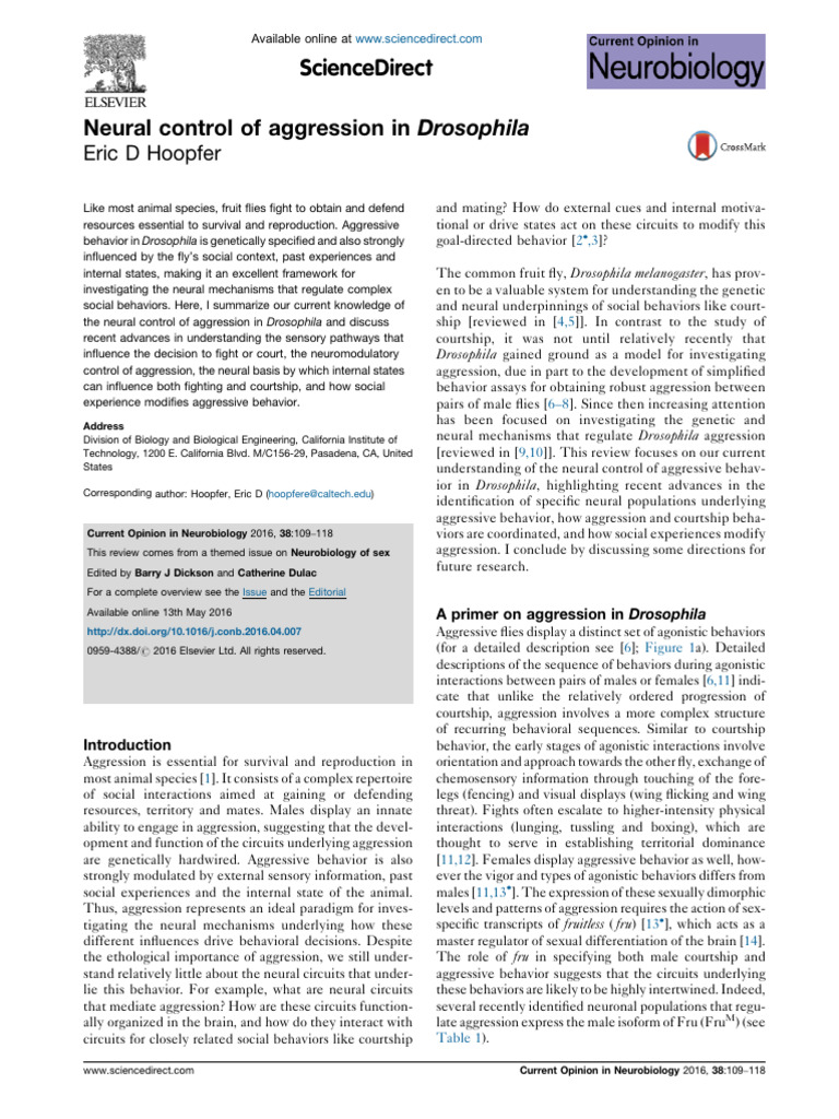Neural Mechanisms of Drosophila Aggression | PDF | Drosophila ...