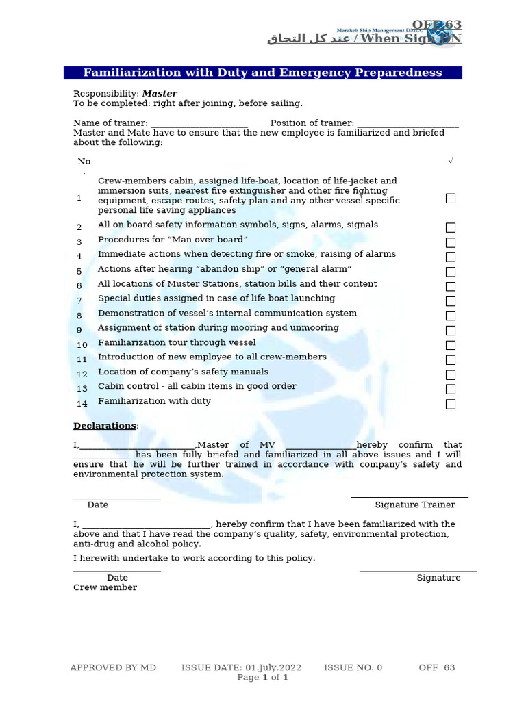 Crew Safety Familiarization Checklist | PDF