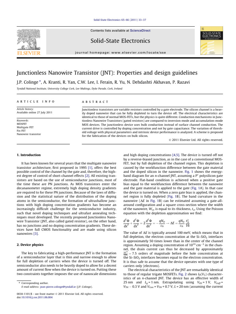 Colinge JP, Kranti A Etal - Junctionless Nanowire Transistor (JNT) - Properties and Design ...