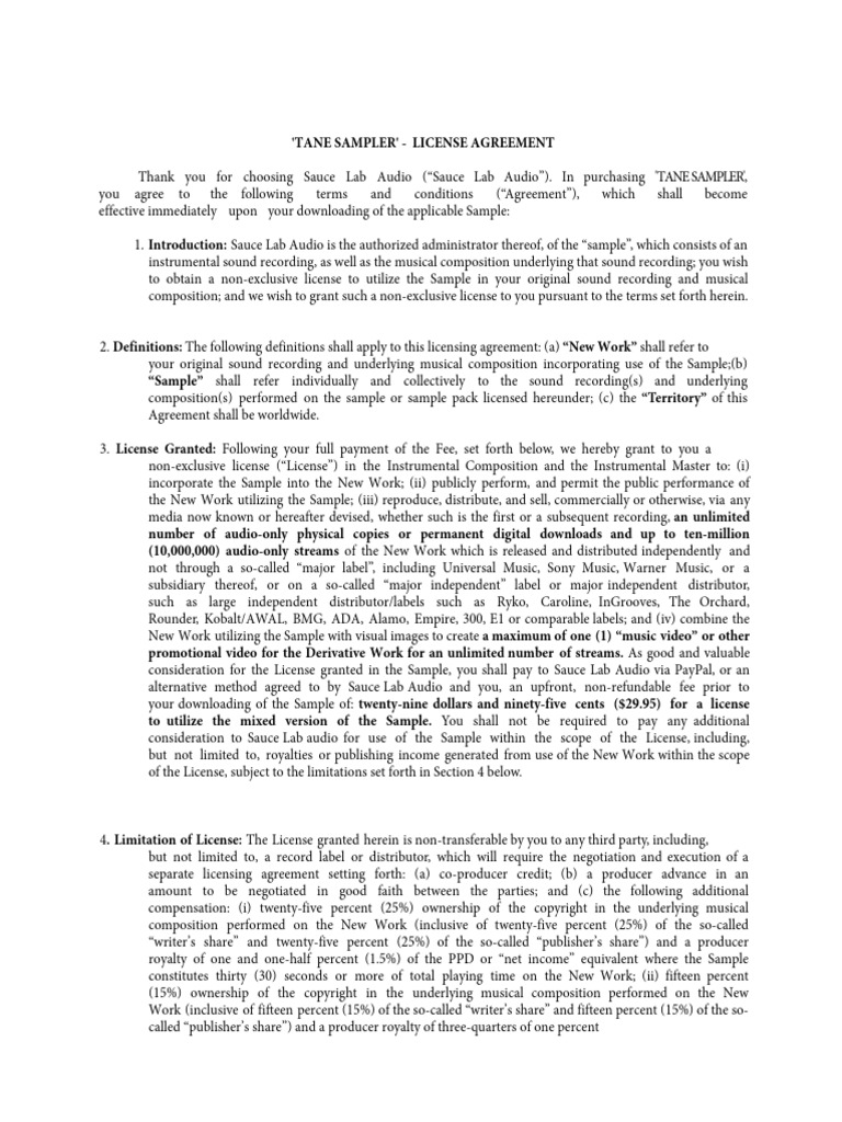 Tane Sampler - License For Compositions Only | PDF | Indemnity | License