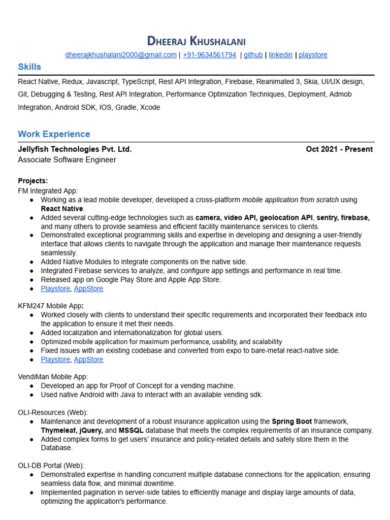 Resume Dheeraj Khushalani React Native 3yoe | PDF | Mobile App ...