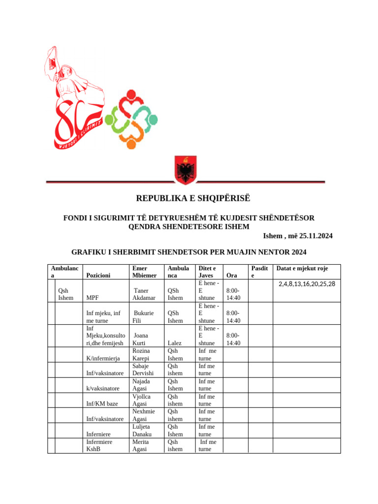 Grafiku Per Muajin Nentor 2024 25.11.2024-01.12.2024 QSH Ishem | PDF