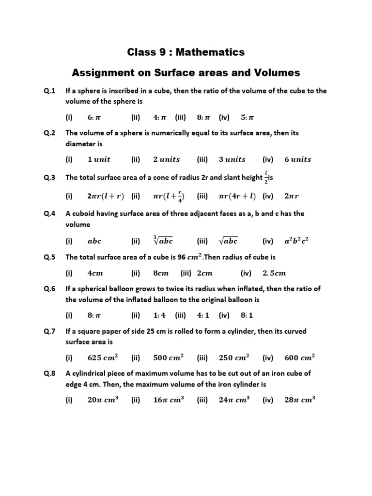 Class 9: Mathematics Assignment On Surface Areas and Volumes | PDF | Sphere | Area