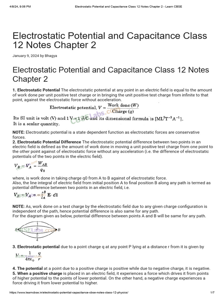 Class 12 Electrostatic Potential Notes | PDF | Electrostatics ...