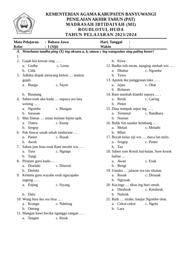 PAS B.Jawa Kls 1 | PDF