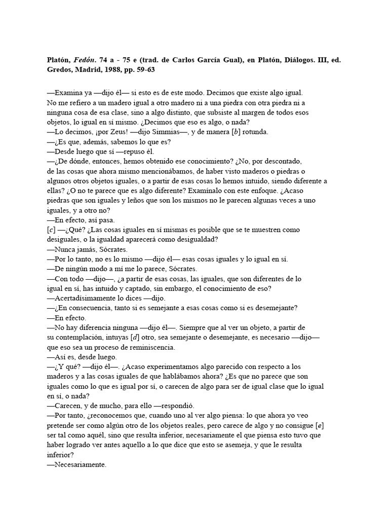 La igualdad en el Fedón de Platón | PDF | Conocimiento | Platón