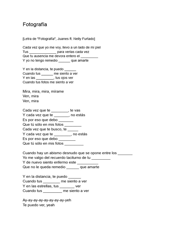 Canción "Fotografía" de Juanes y Furtado | PDF