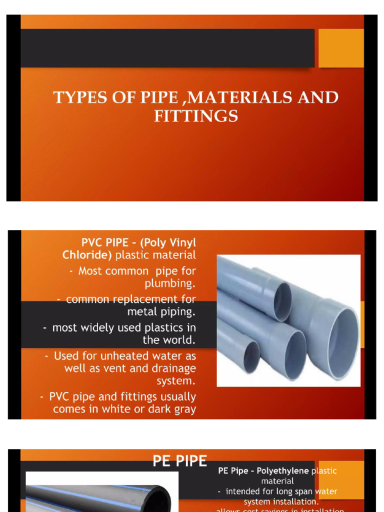 Topic 2 Types of Pipes, Materials & Fittings | PDF