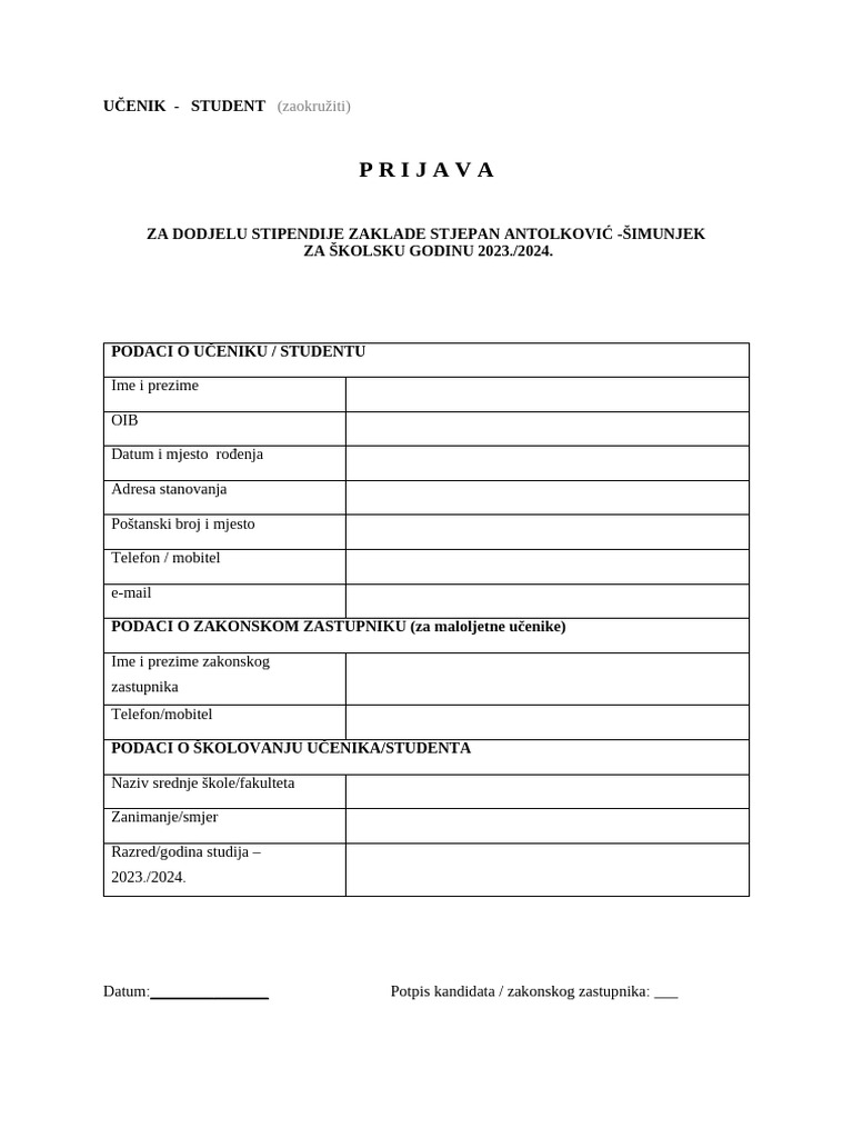 Prijava Za Dodjelu Stipendija | PDF