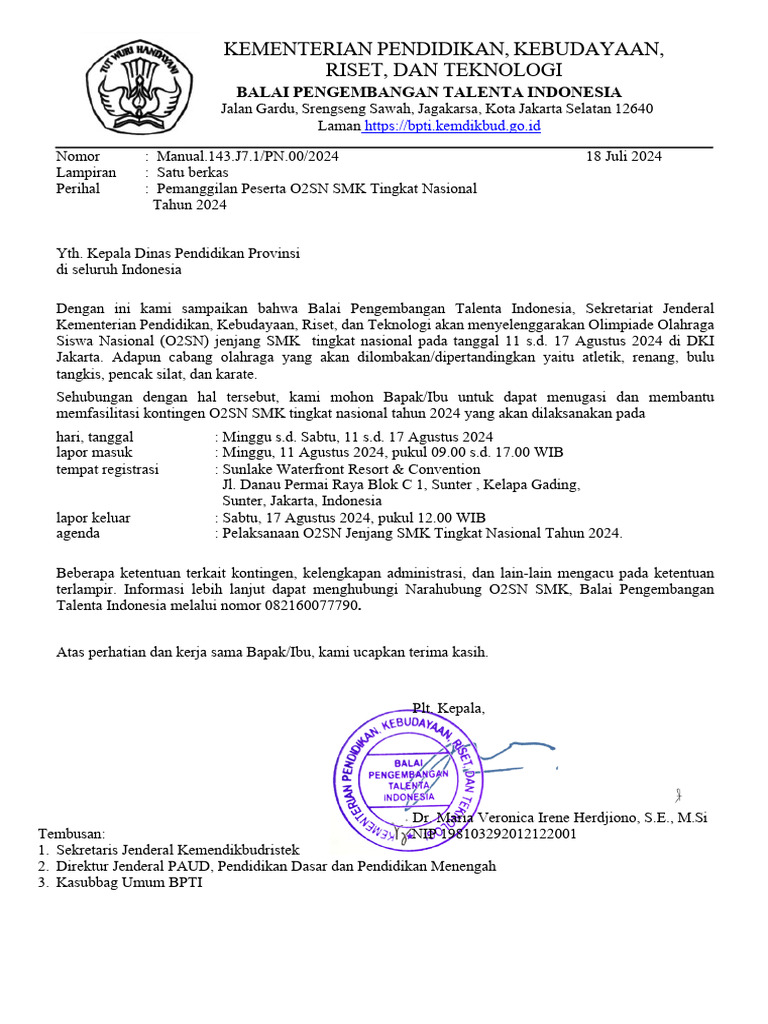 Surat Pemanggilan Peserta O2sn SMK Tingkat Nasional - v7 | PDF