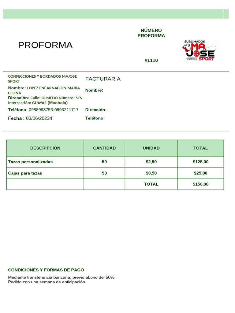 Proforma de Tazas Personalizadas 1110 | PDF