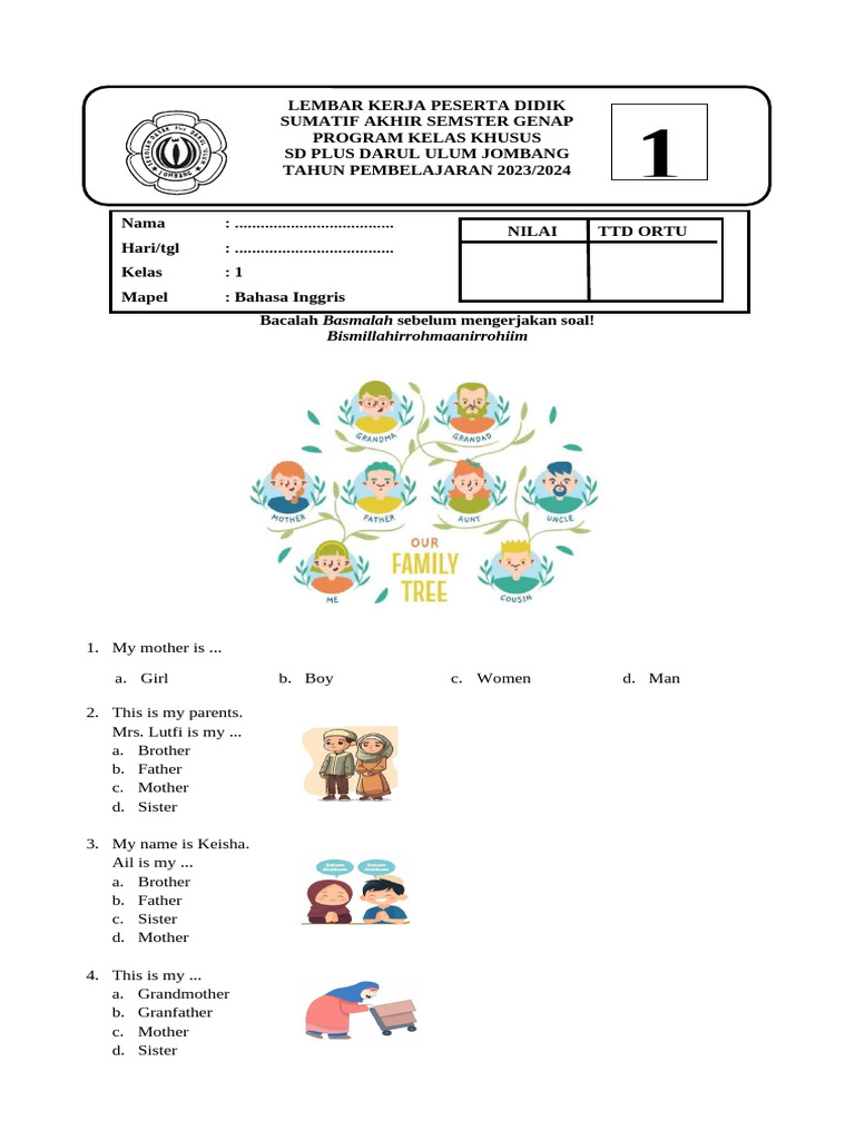 Soal Bahasa Inggris Kelas 1: My Family | PDF | Fruit | Edible Fruits