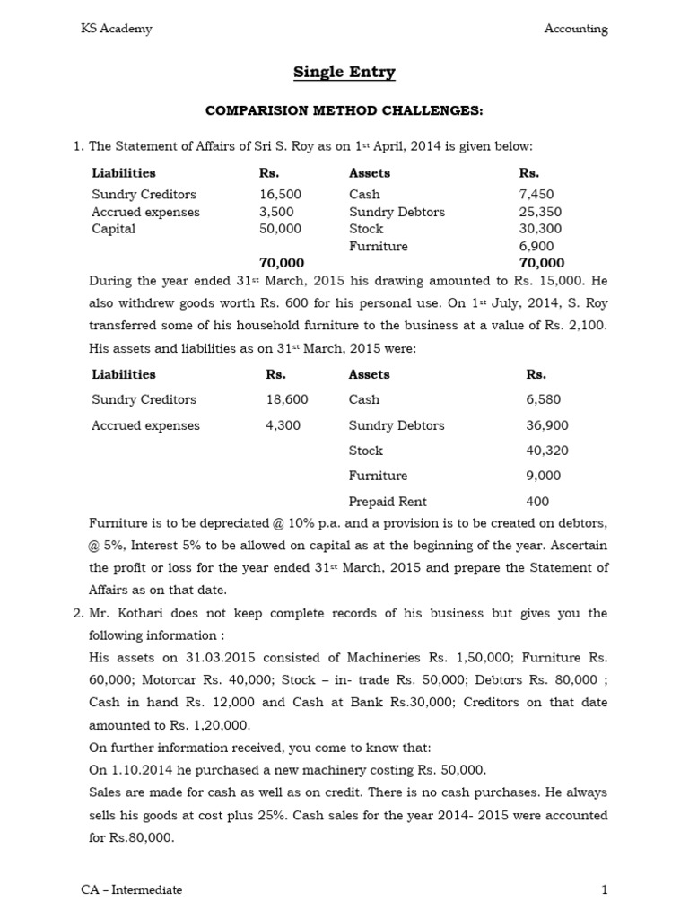 Single Entry Comparison Method | PDF | Expense | Banks