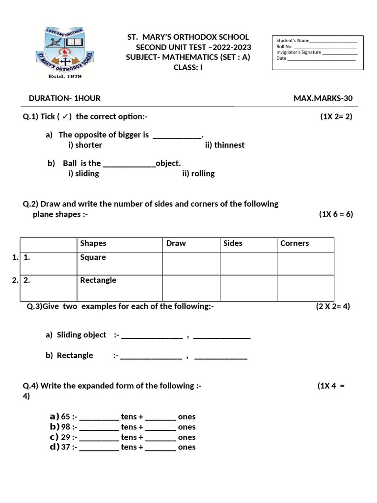 Math Test for 1st Graders | PDF | Mathematics