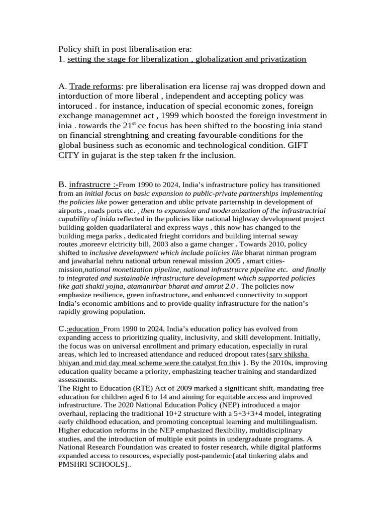 Policy Shift in Post Liberalisation Era | PDF | Infrastructure | Economies