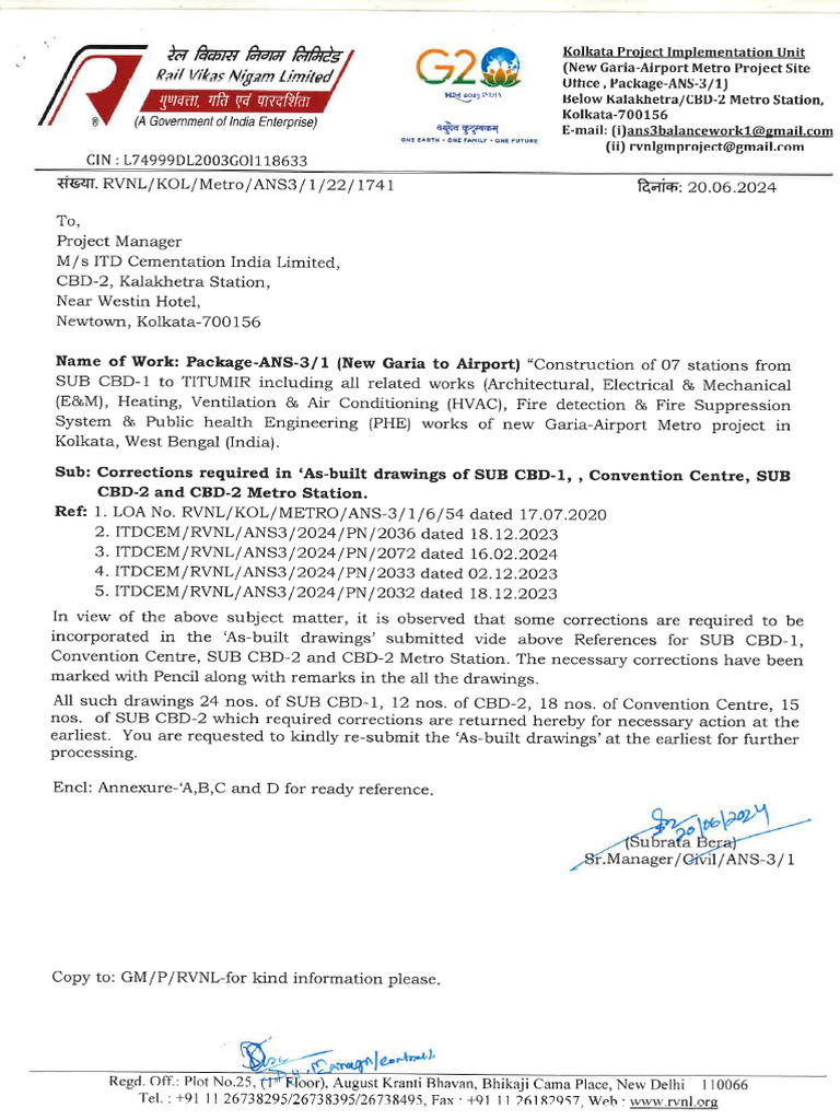 1741 20.06.24 Correction Required in As-Built Drawings SC1, CBD2, CVC, SC2 Civil Struct | PDF