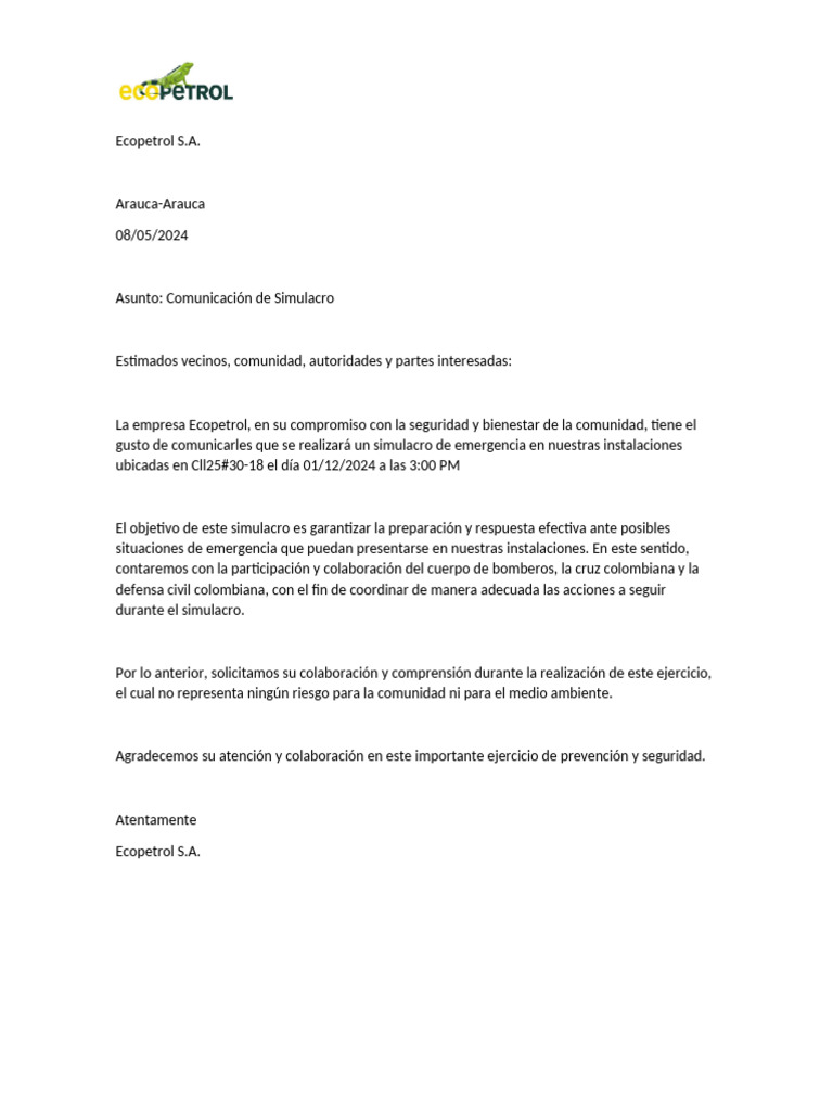 Carta Divulgacion de Simulacro | PDF