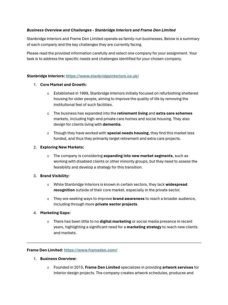 Business Overview and Challenges - Standbridge Interior & Frame Den ...
