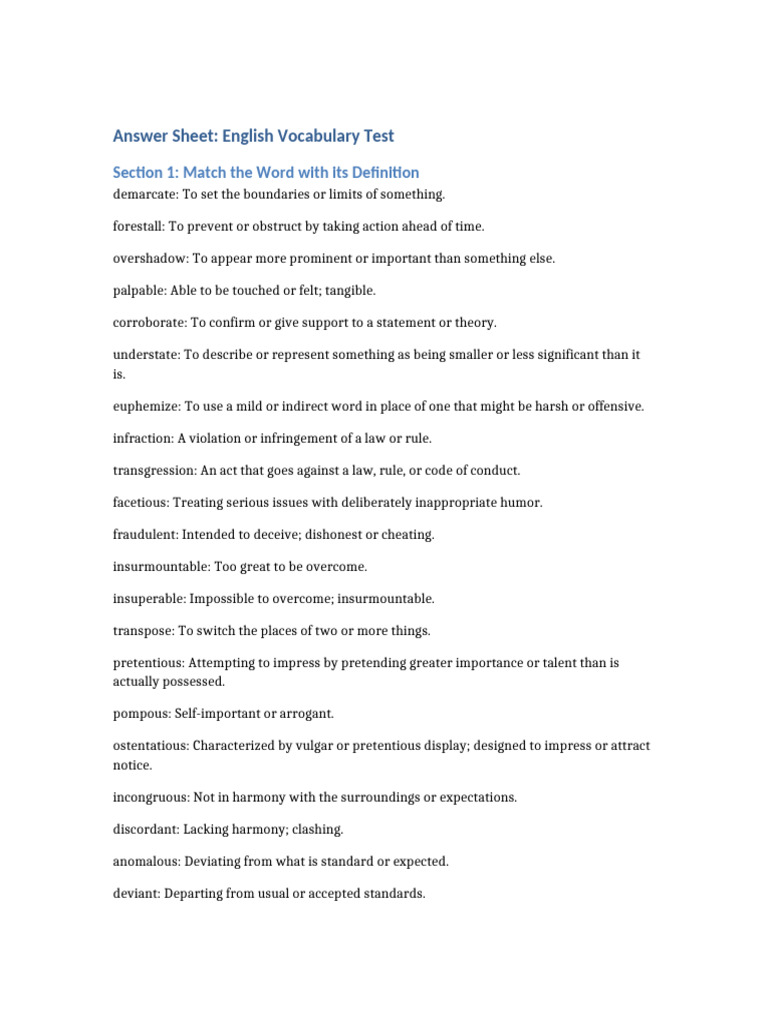 Vocabulary Test Answer Sheet | PDF