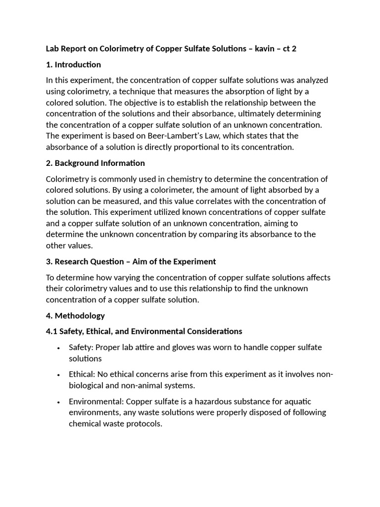 Lab Report On Colorimetry of Copper Sulfate Solutions | PDF ...