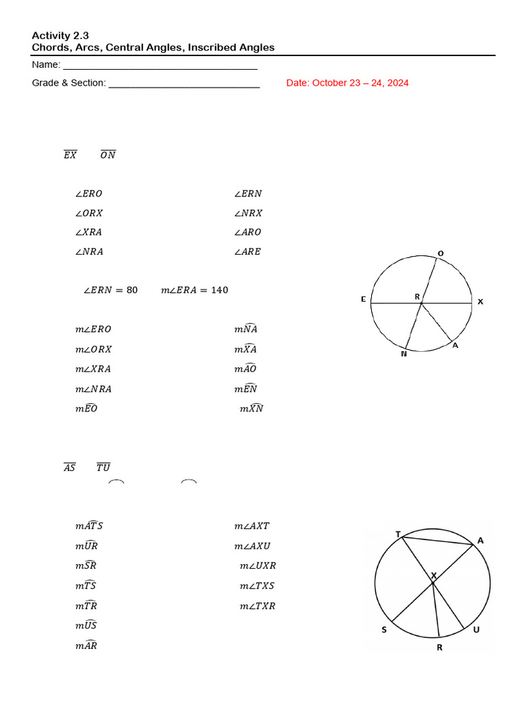 A2.3 Chords Arcs Central Angles Inscribed Angles | PDF | Circle | Angle