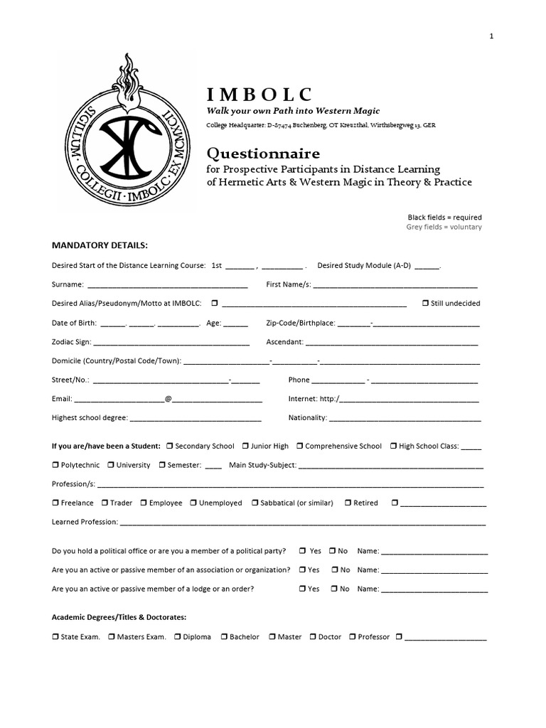 Questionnaire (E) | PDF | Academic Degree